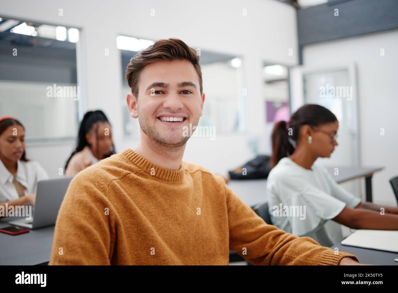 Lecture, learning and student in class portrait happy with university ...