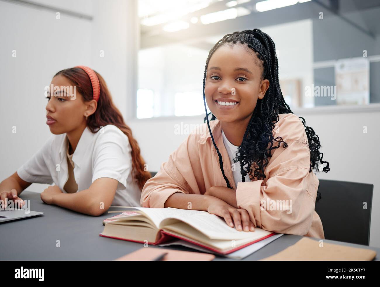 Reading, books and student portrait in university classroom for ...