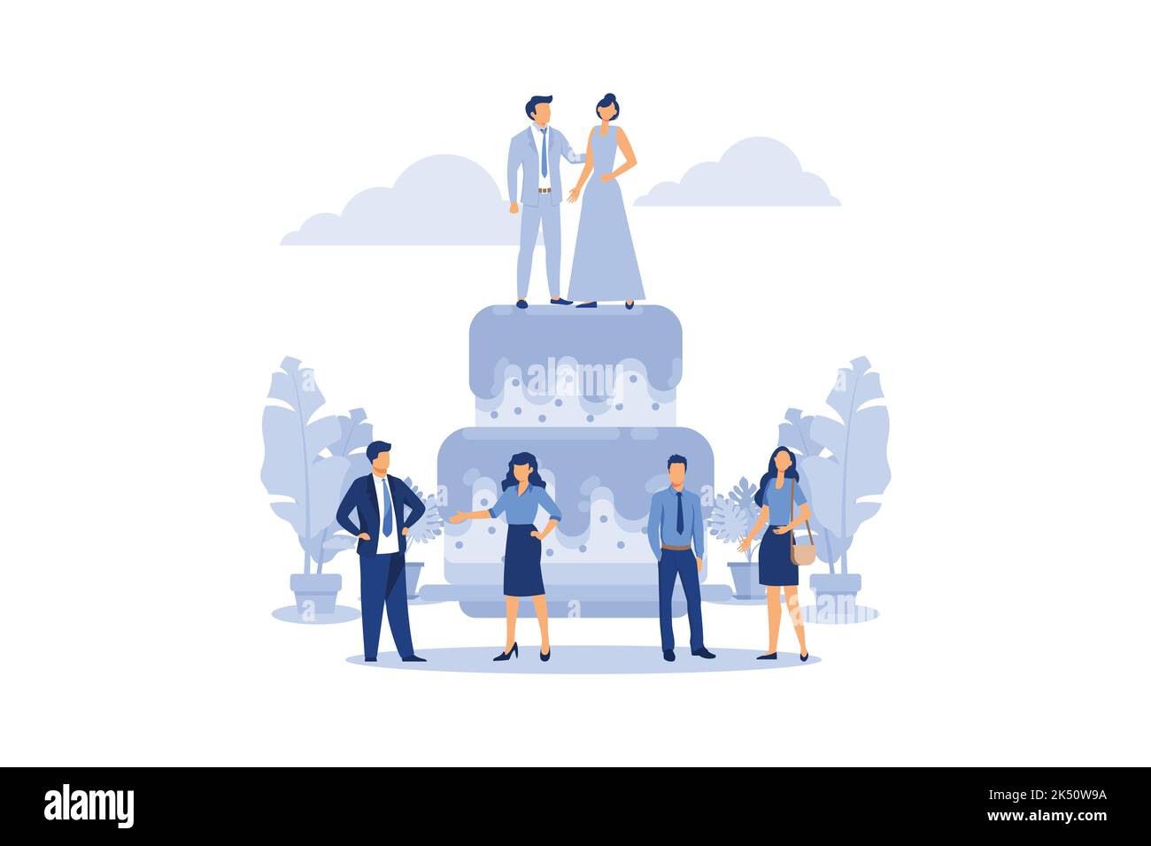Vector illustration of a big wedding cake with a pair of bride and ...