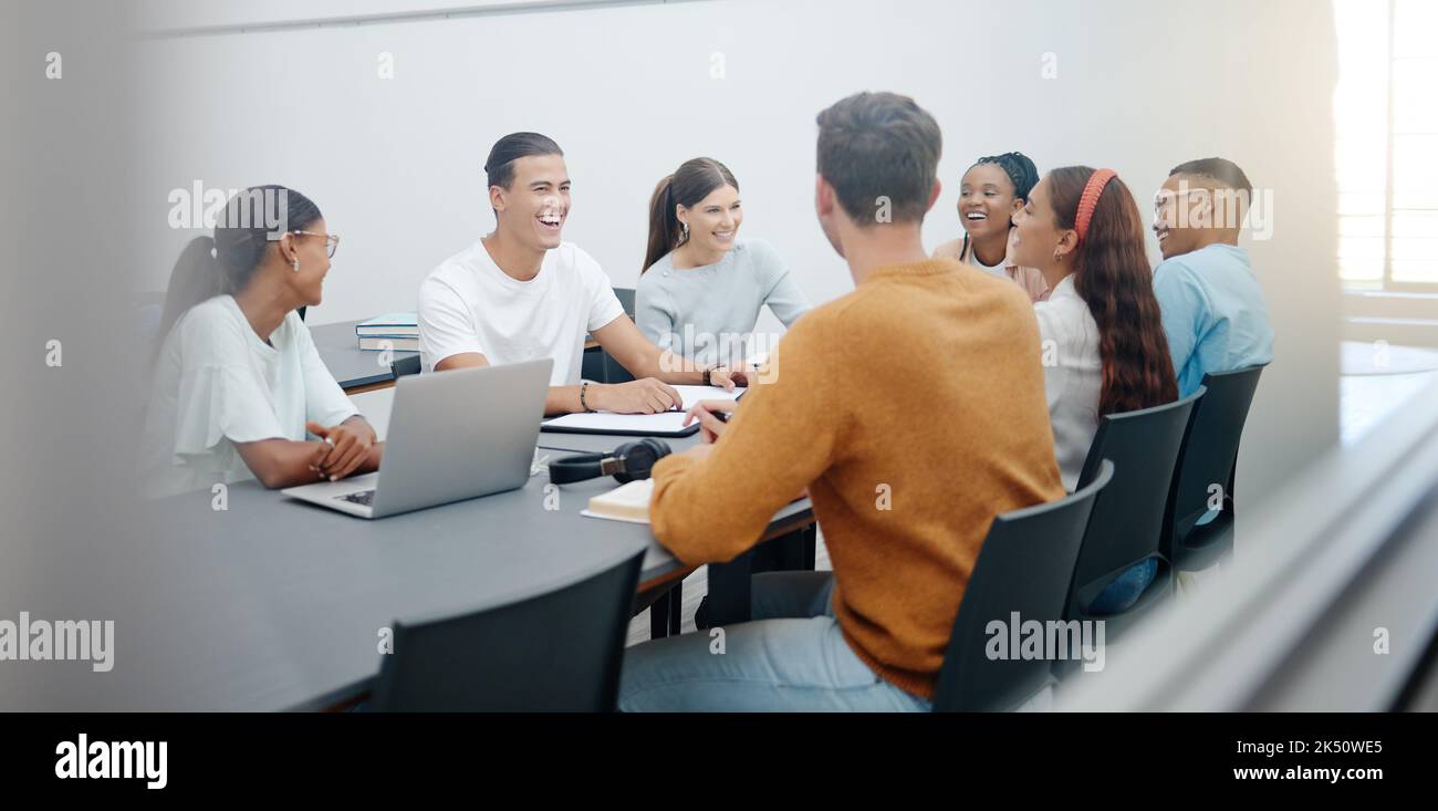 University, group project and students meeting for collaboration, teamwork and brainstorming ...