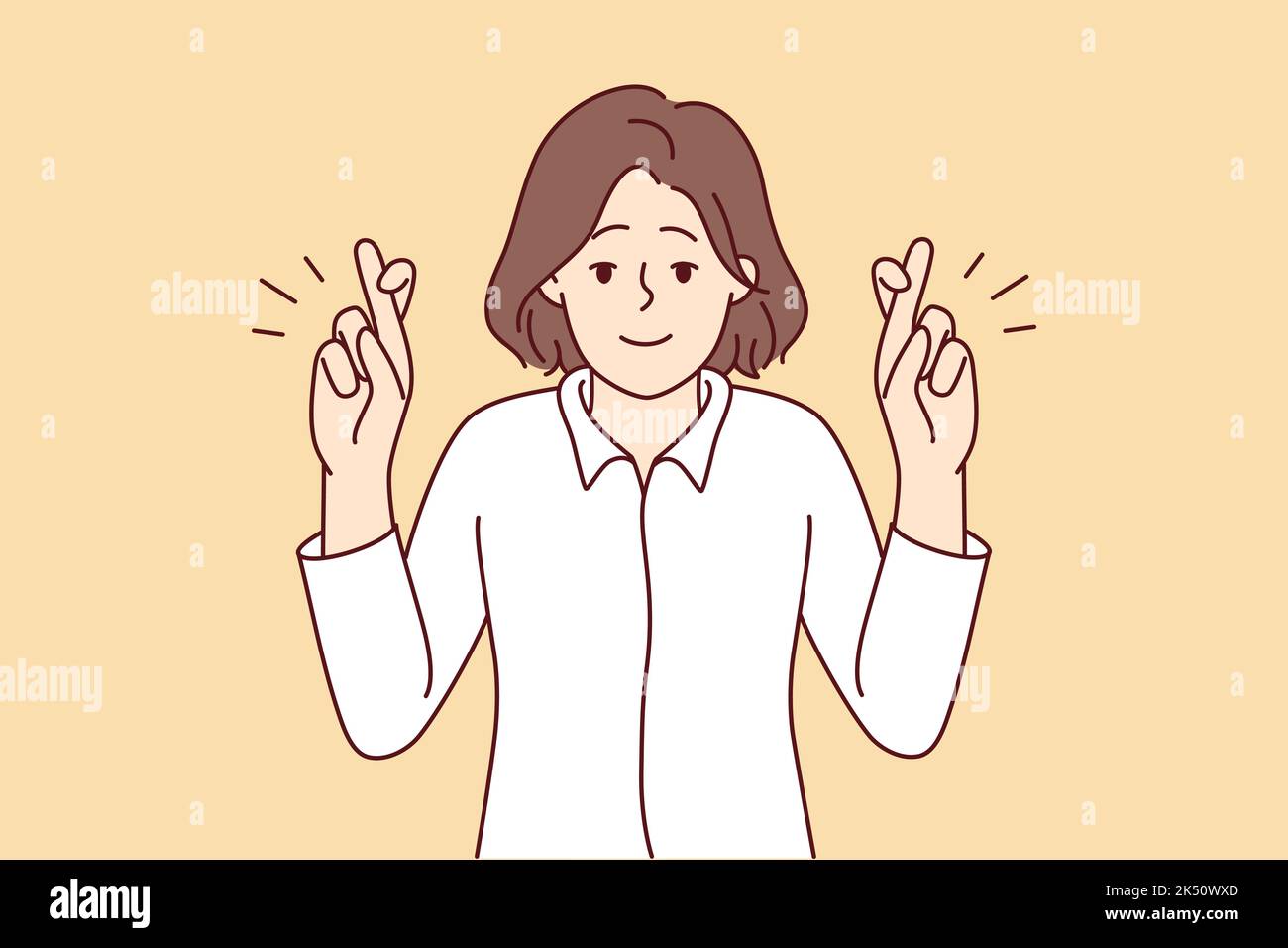 Smiling young woman cross fingers make wish. Happy female do hand ...