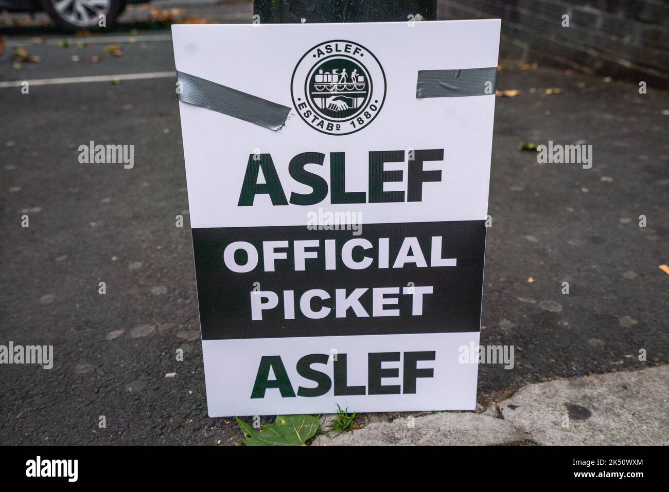 London UK. 5 October 2022 . Members of Aslef train drivers union stage ...