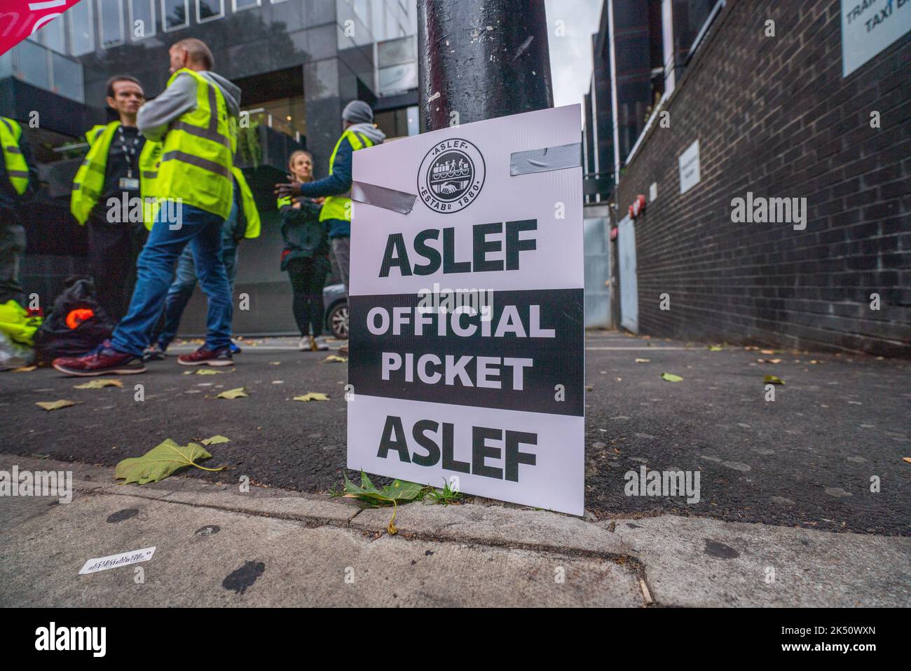 London UK. 5 October 2022 . Members of Aslef train drivers union stage ...
