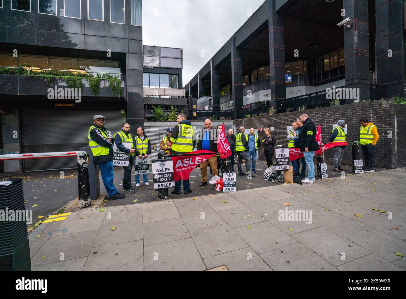 London UK. 5 October 2022 . Members of Aslef train drivers union stage ...