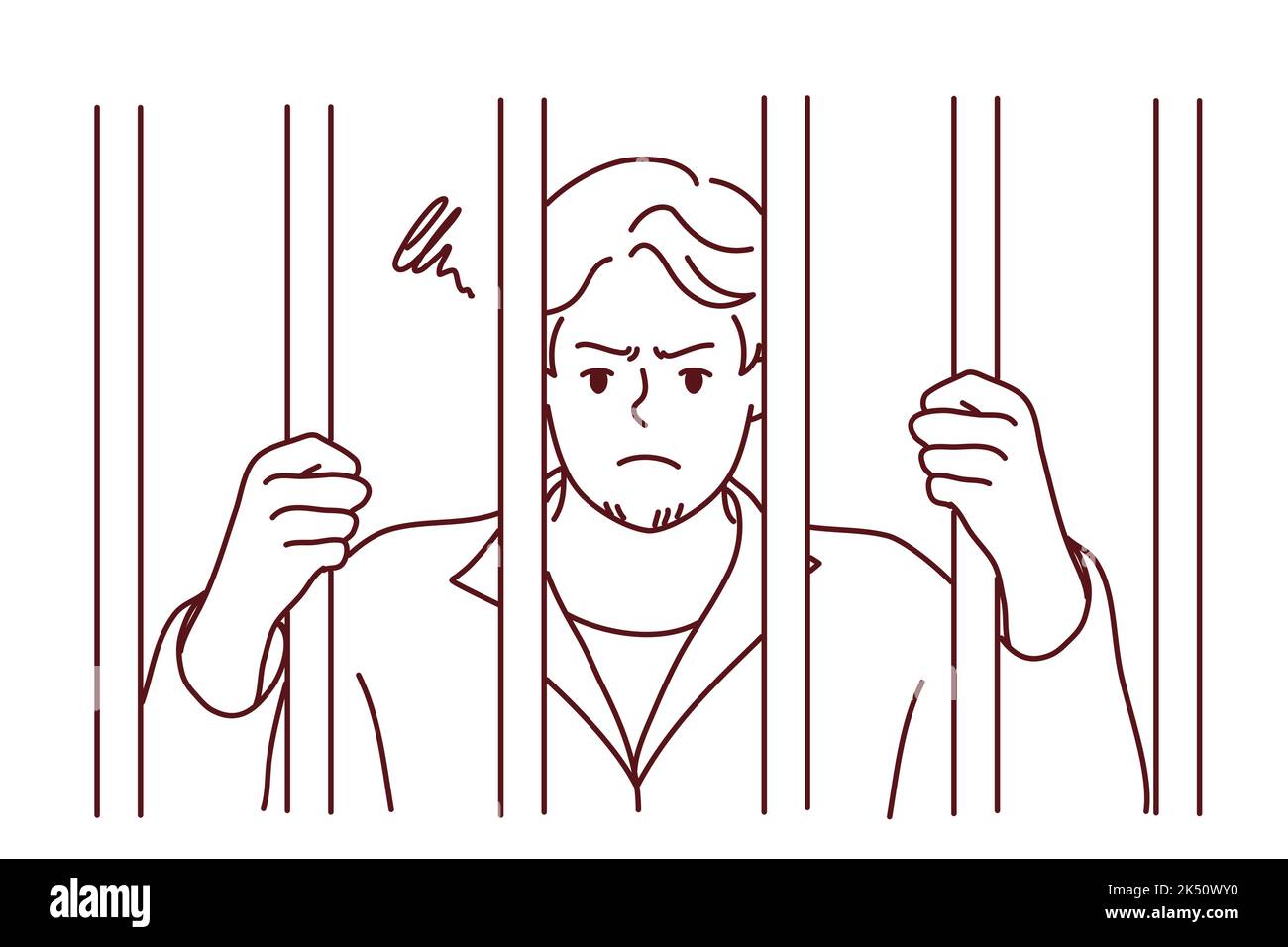 Unhappy man in robe behind bars in jail. Angry male criminal imprisoned ...