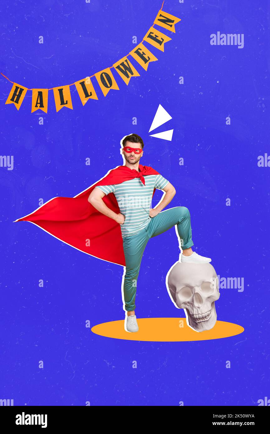 Creative abstract template collage of funny brave strong hero defeat ...