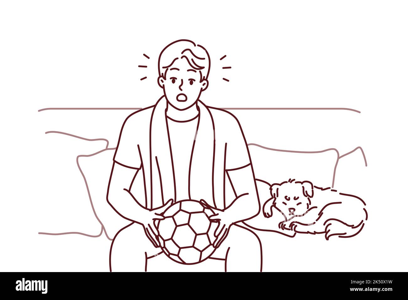 Young man sit on couch watching football game at home. Male sport fan ...