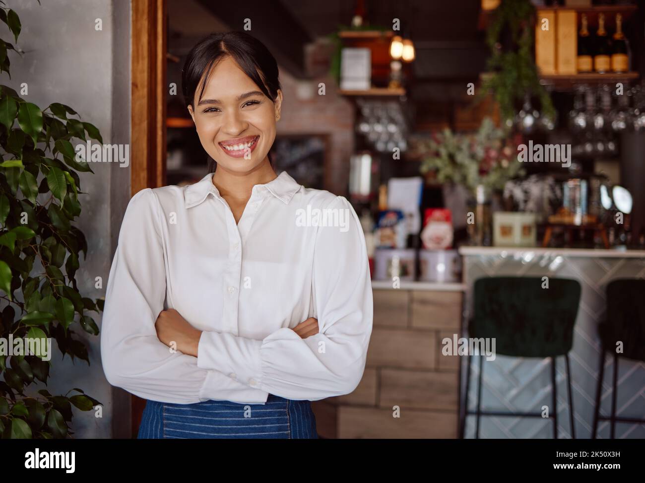 Small business success, cafe restaurant and happy woman leader portrait ...
