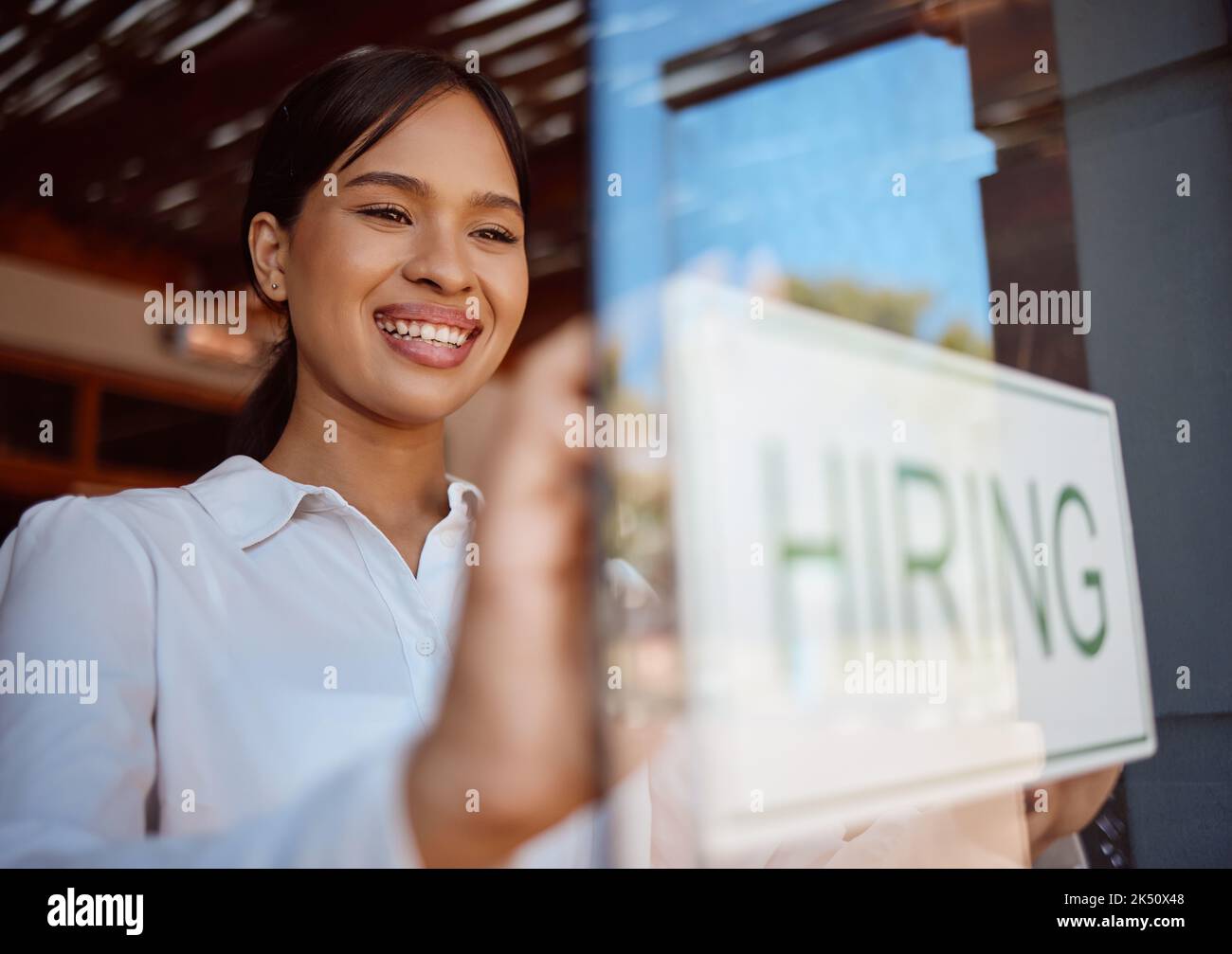 Hiring, recruitment and coffee shop with a woman small business owner ...