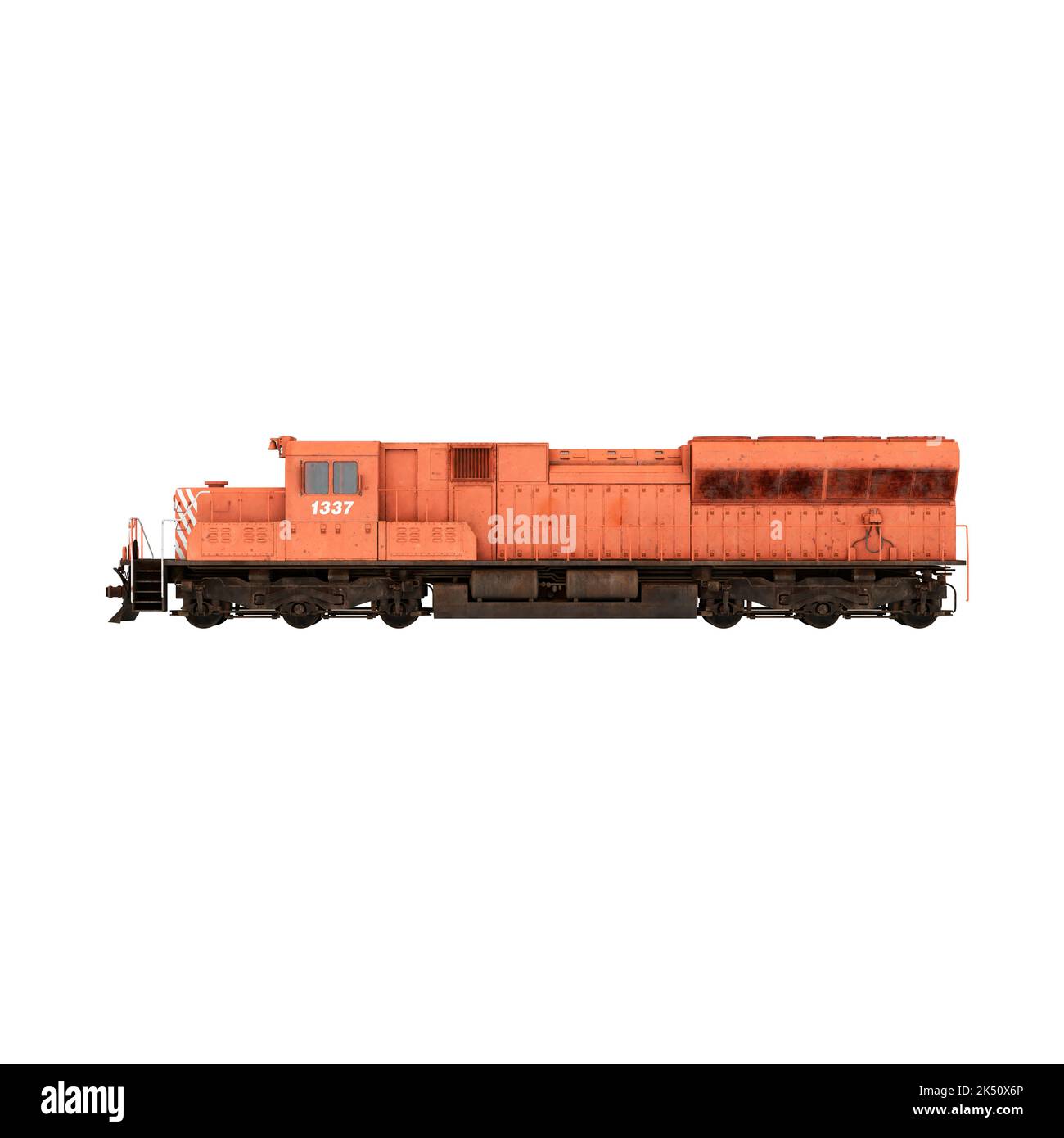 A red 3d rendered scale model of a train against a white background ...