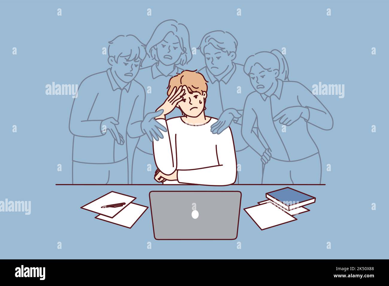 Stressed young man feel pressure by society opinion working on computer ...