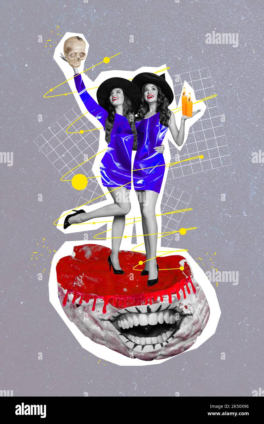 Vertical collage portrait of two smiling witch girls black white gamma ...