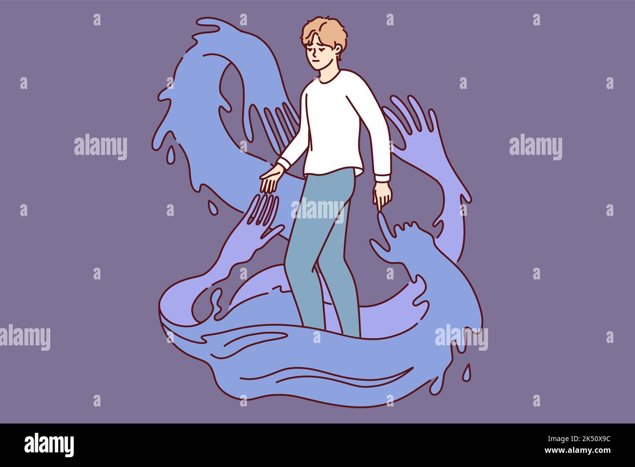 Young man surrounded by huge multiple hands. Guy influenced and ...