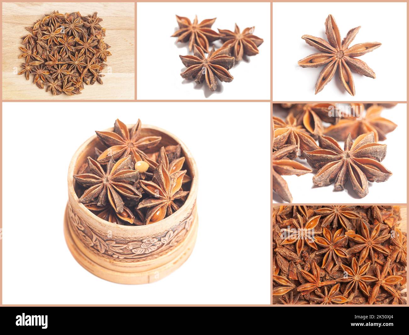 Collage with star anises isolated on white background. Dried star anise ...