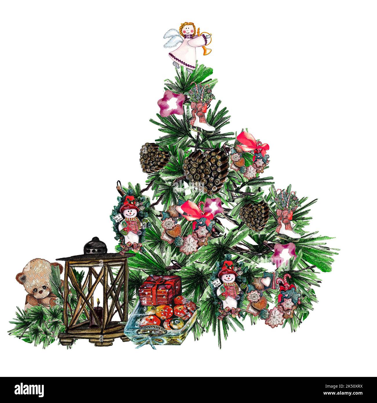 Watercolor New Year tree with Christmas decorations: wooden hearts ...