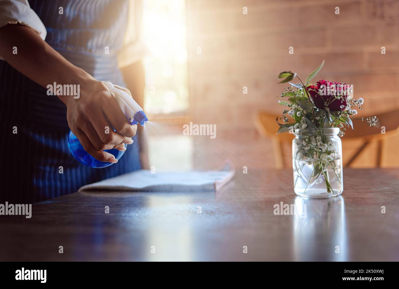 Hand, cleaning and coffee shop with a woman spraying a table in her ...