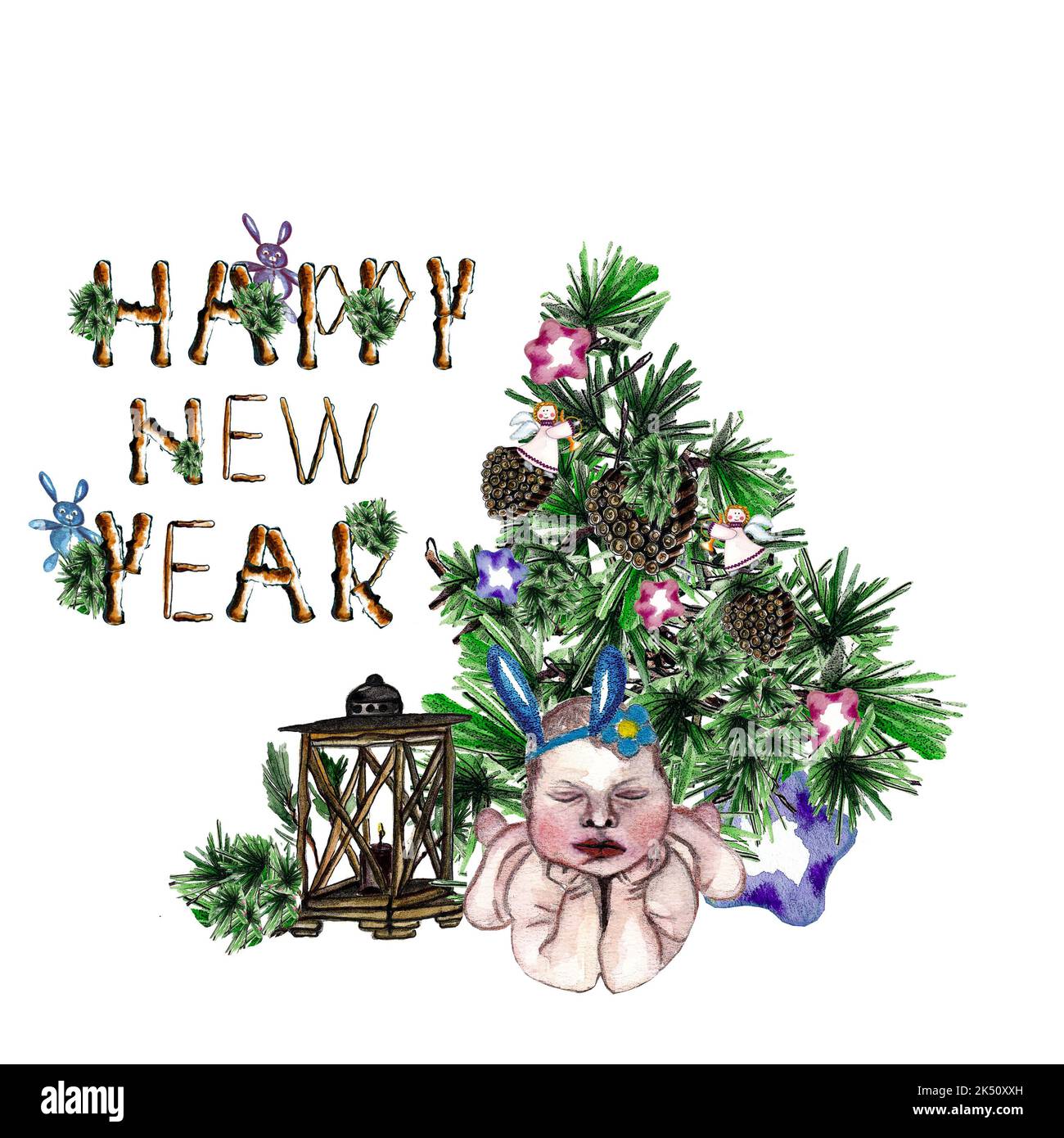 Watercolor illustration of cute sleeping little baby with rabbits ears ...