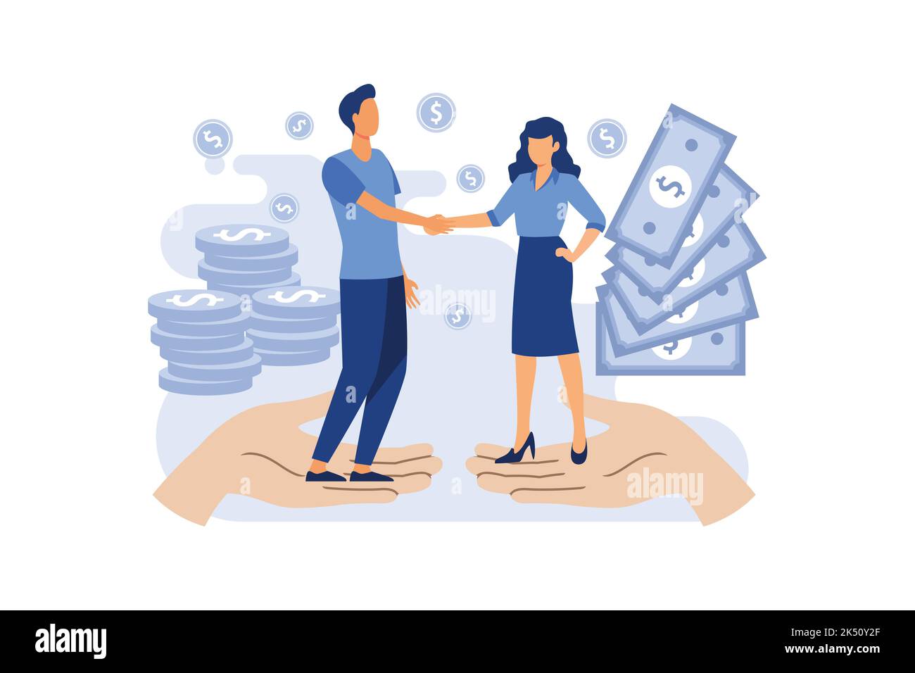 Finance. Financial intermediaries. Men stand on two palms and shake ...