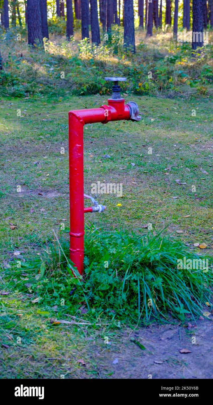 Water hydrant, water intake point in the park on the grass by the ...