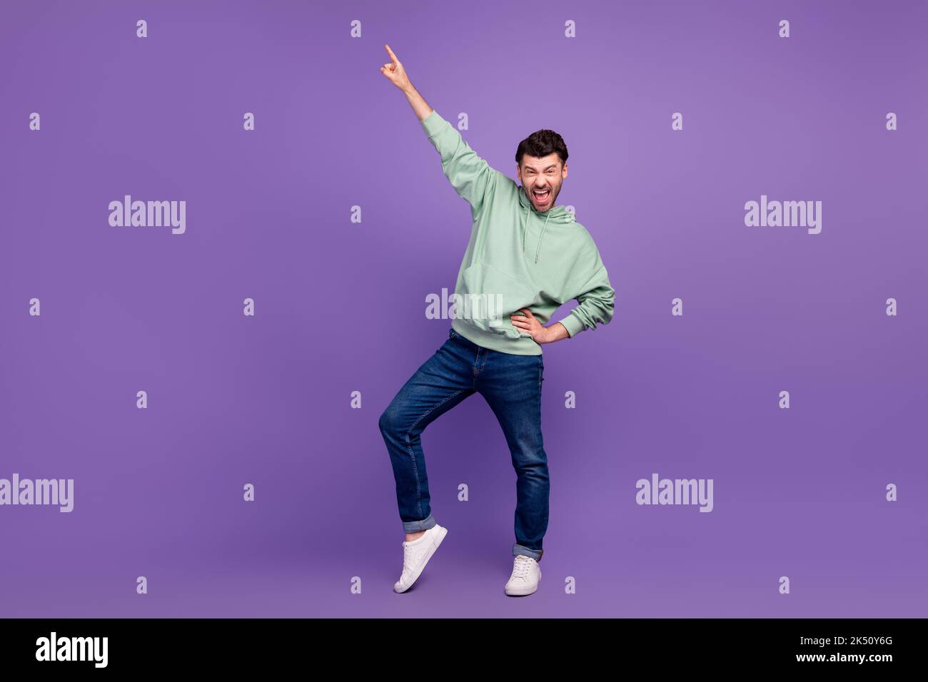 Full body size photo of young crazy excited man bearded wear stylish ...