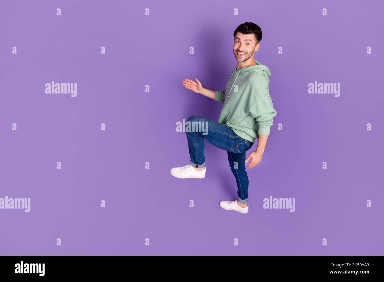 Full size above view photo of satisfied glad person walk climb empty ...