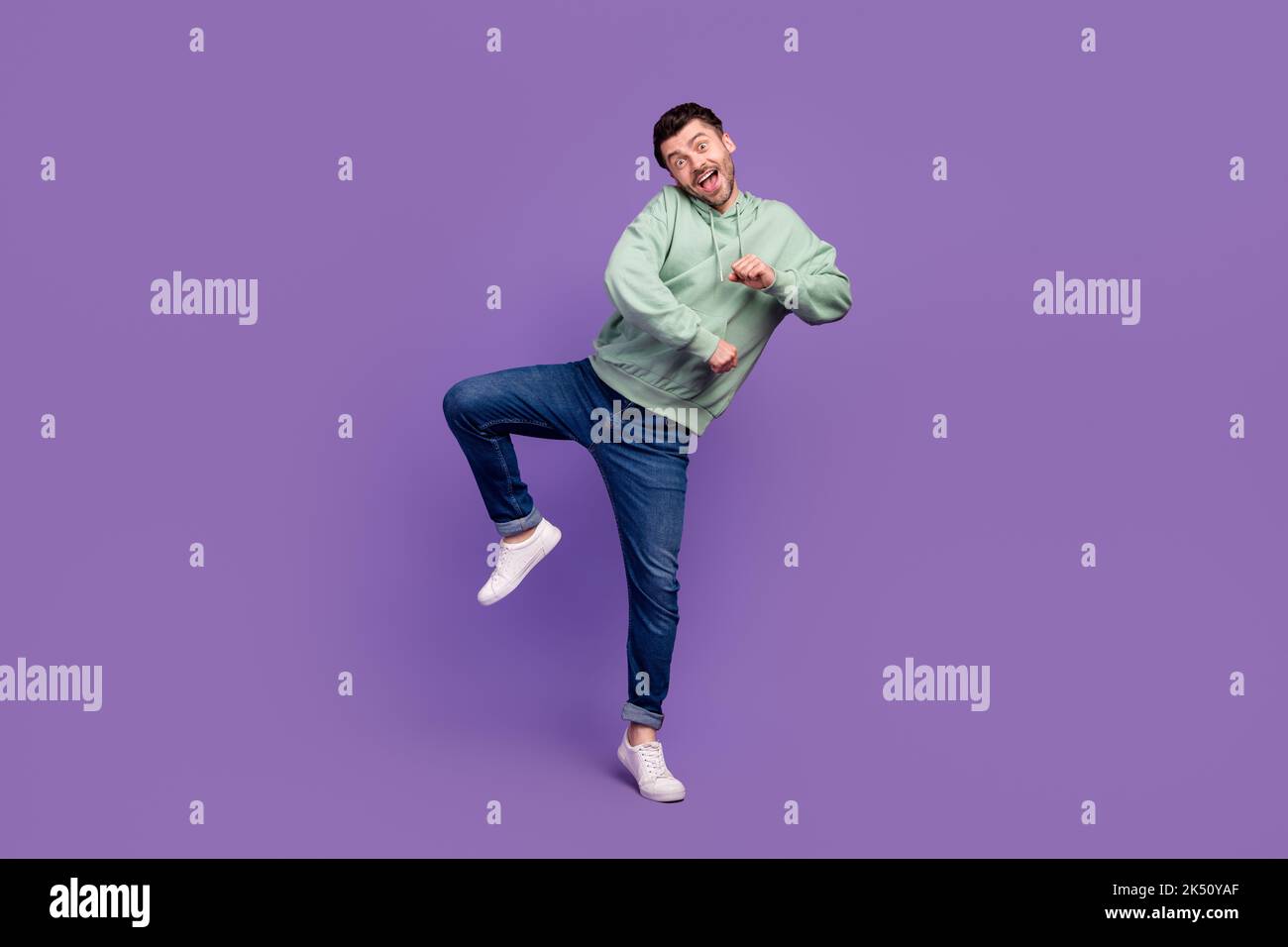 Full body size photo of young excited positive cute man dancing party ...