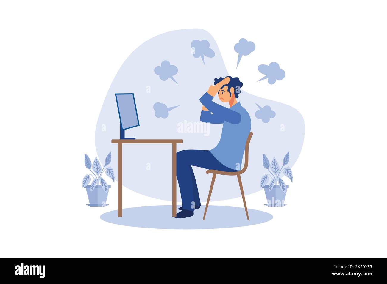 Anger men on the desk, computer screen, work problems that do not meet ...