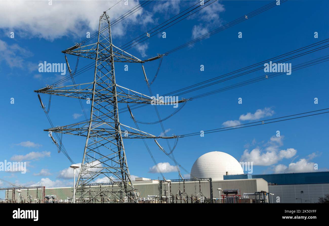 Pylon carrying electricty lines from PWR Pressurised Water Reactor ...