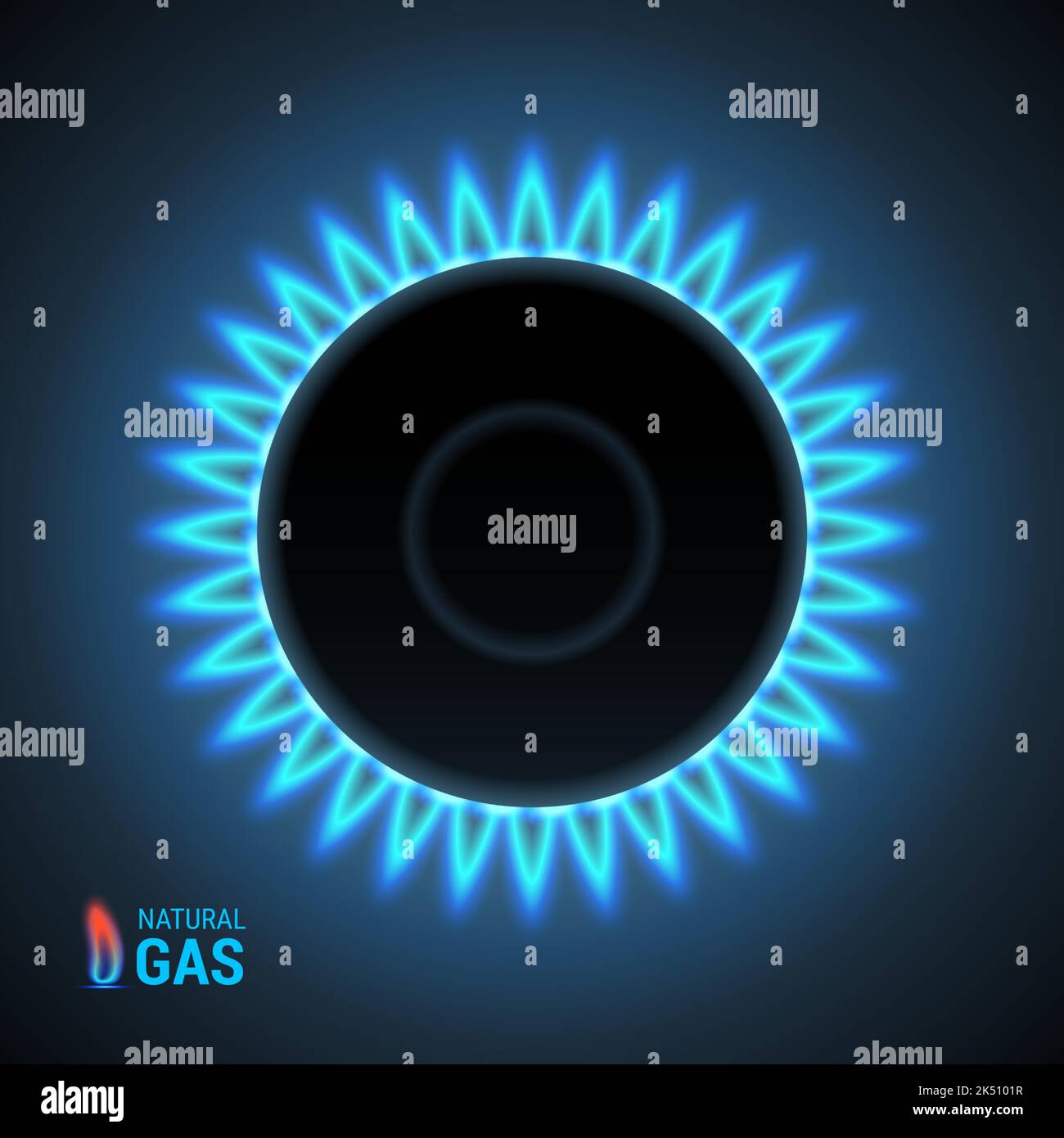 Gas burner with a blue flame of pure gas. Top view close-up. On a dark ...