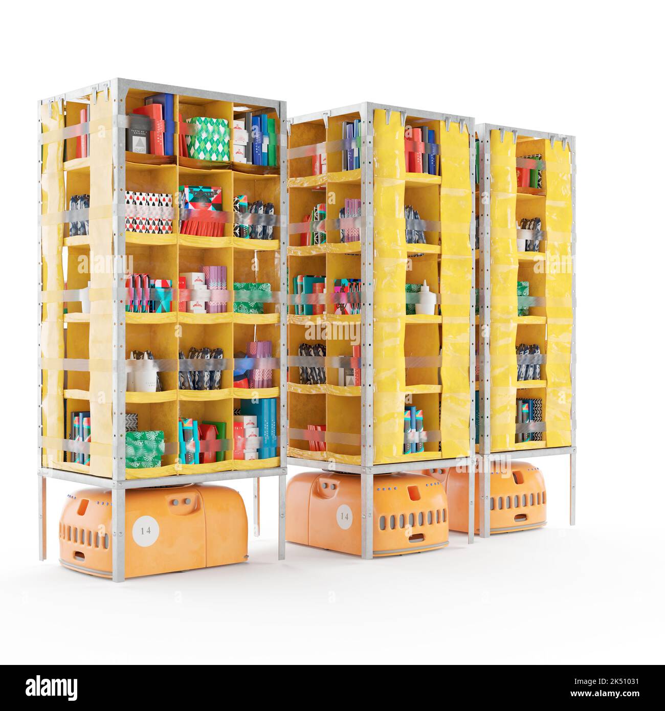 A closeup of the yellow shelves with stationery against a white ...