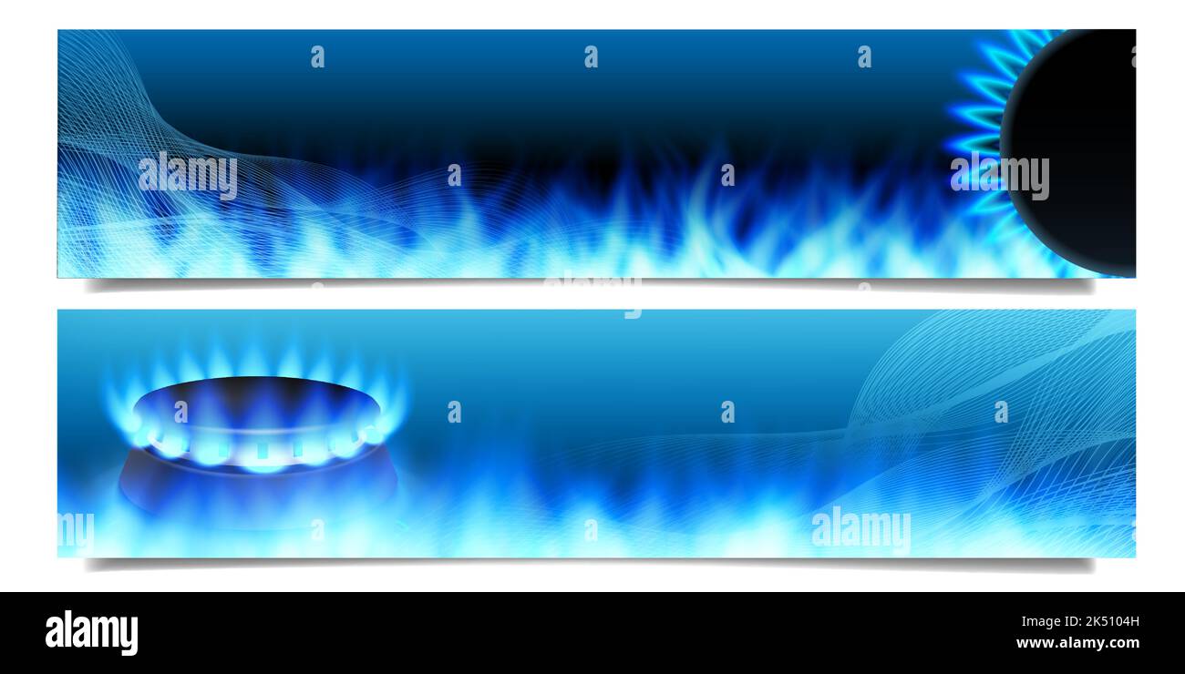 Set of two horizontal banners with realistic transparent neon blue ...