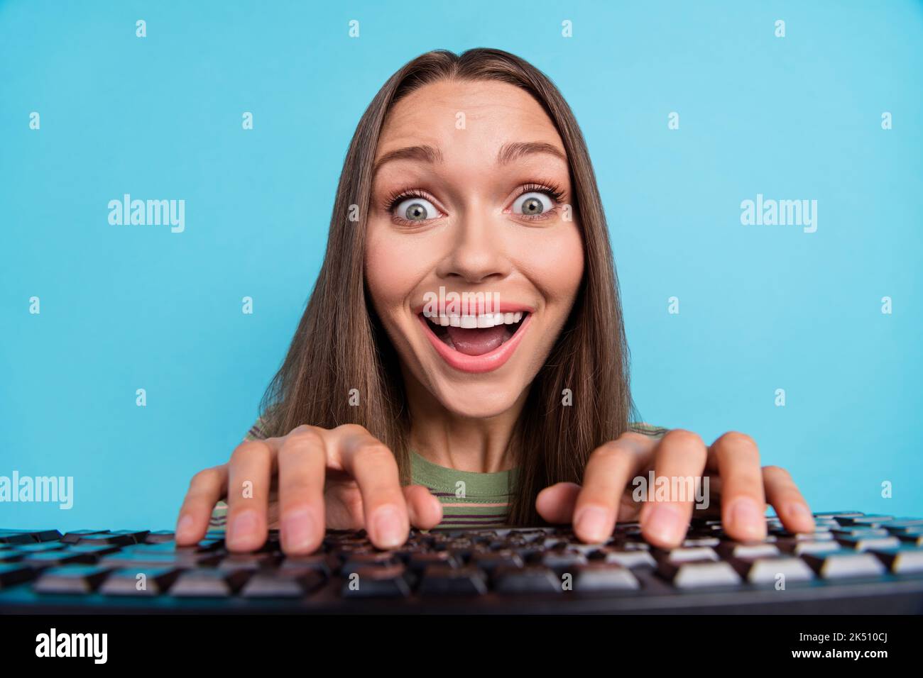 Closeup Photo Of Young Pretty Gorgeous Nice Woman Excited Crazy Typing