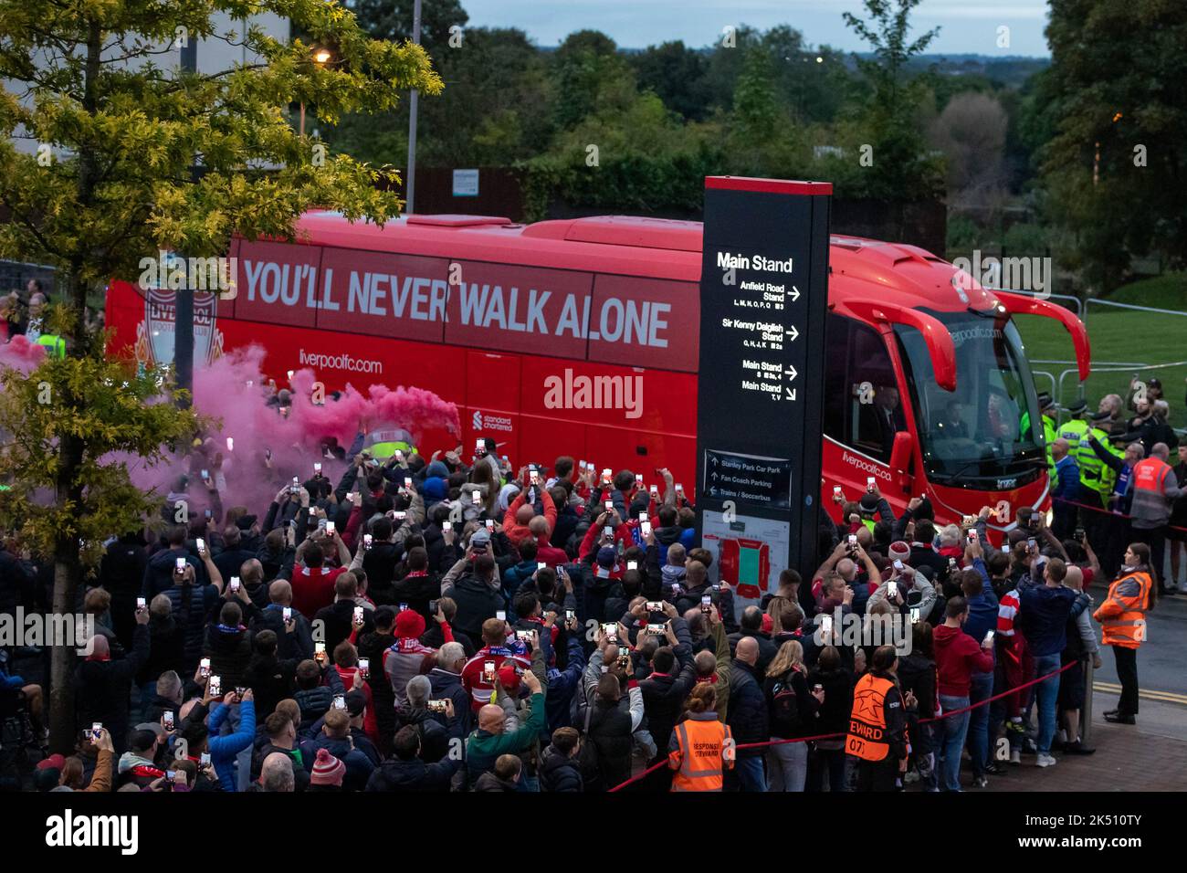 The Liverpool FC team bus arrives at Anfield Stadium ahead of the UEFA ...