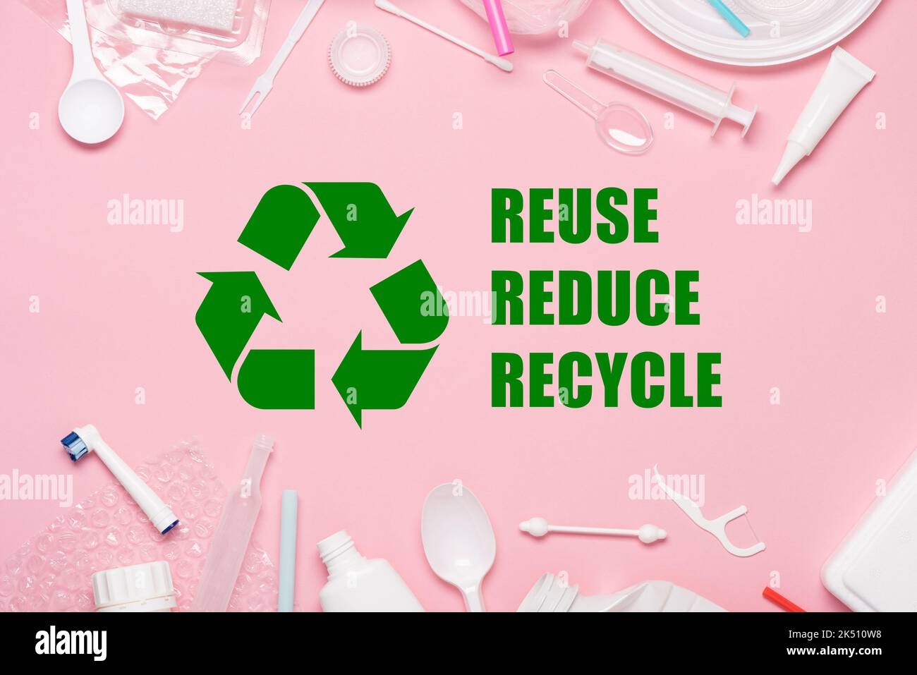 Plastics with recycling symbol and reuse reduce recycle text top view ...