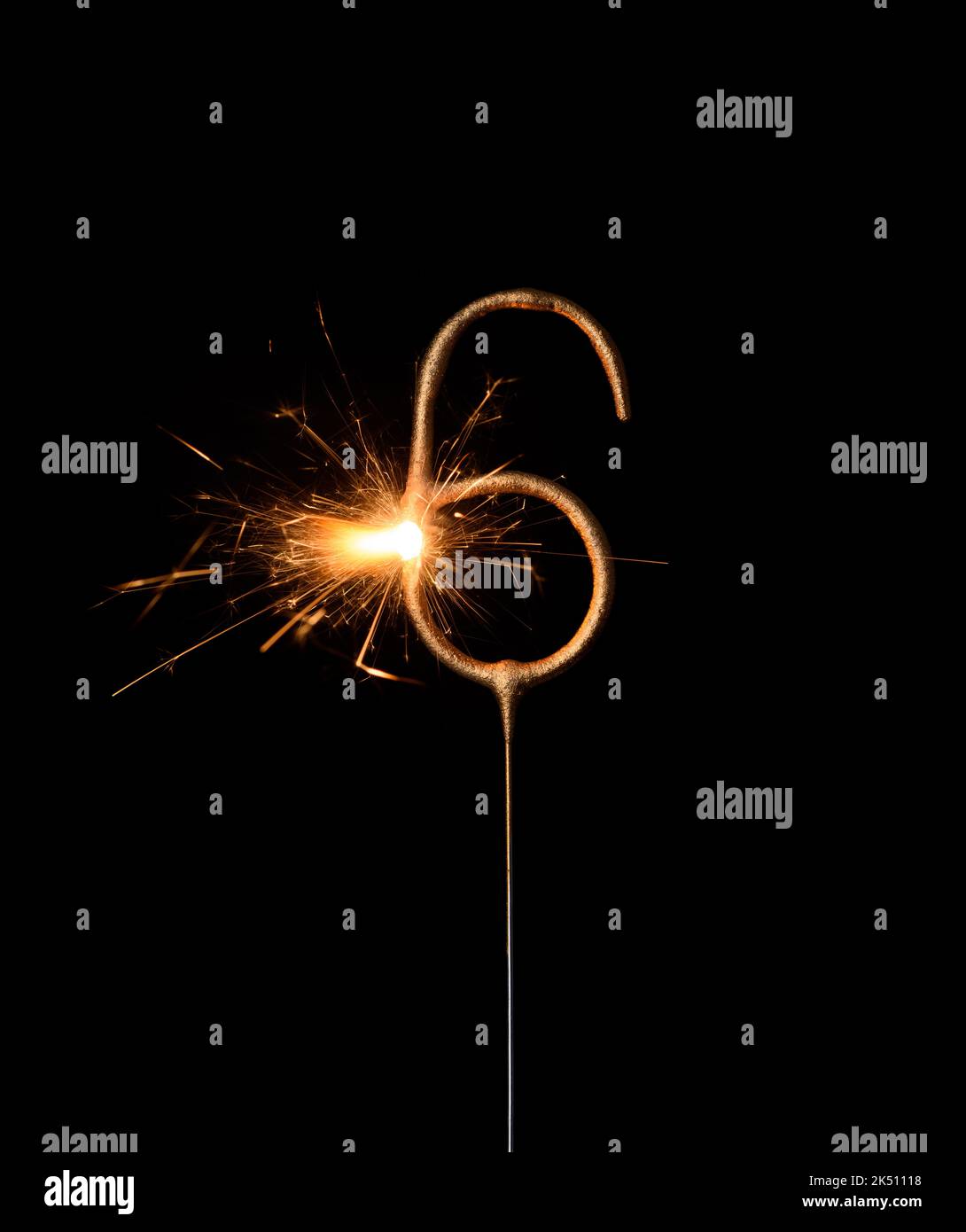 Burning golden sparkler in shape of number six, digit 6, isolated on ...