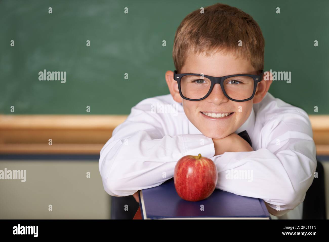 Top of the class. A happy schoolboy wearing glasses leaning on a pile ...