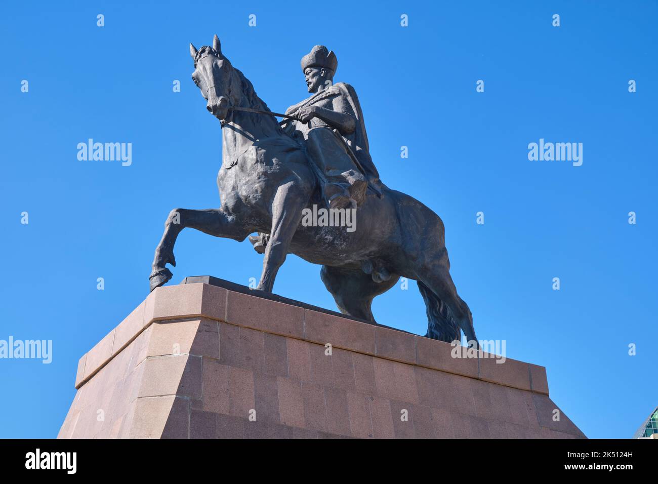A bronze statue of Kenesary Khan on a horse. He was the last Kazak Khan ...