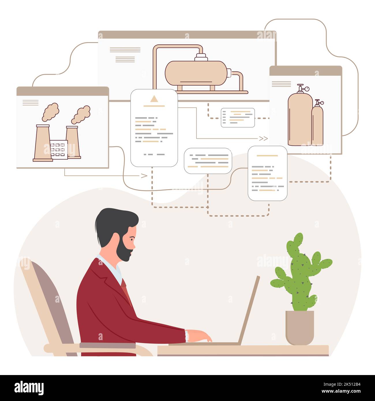 Vector illustration Man working at computer. Global Logistics service ...