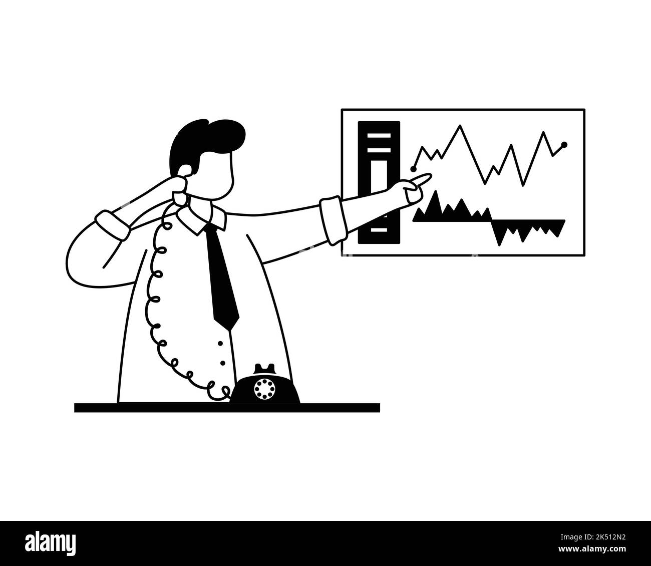 Vector illustration of a broker following the charts of changes in the ...