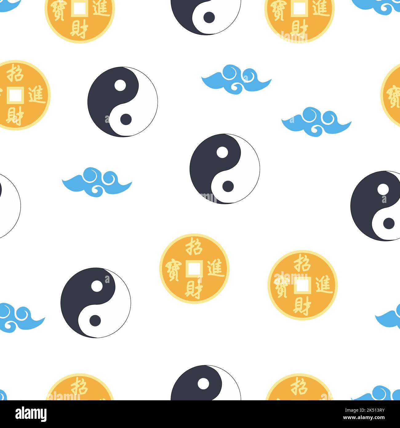 Chinese seamless pattern with feng shui chinese coin with hole, yin ...