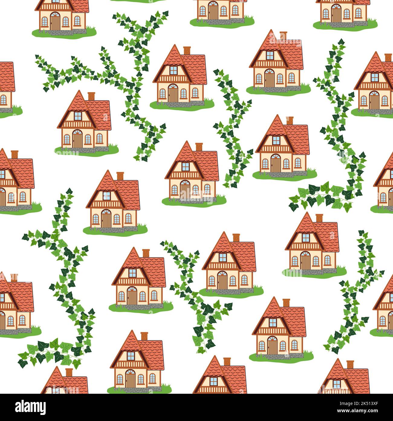 Seamless pattern with houses and ivy branches, plants, English old ...