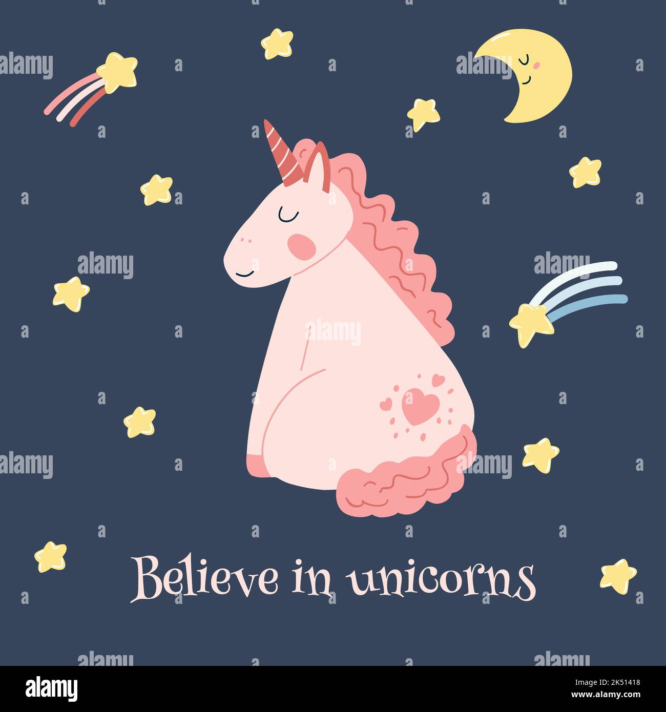 Cute unicorn with kawaii moon and falling stars in cartoon flat style ...