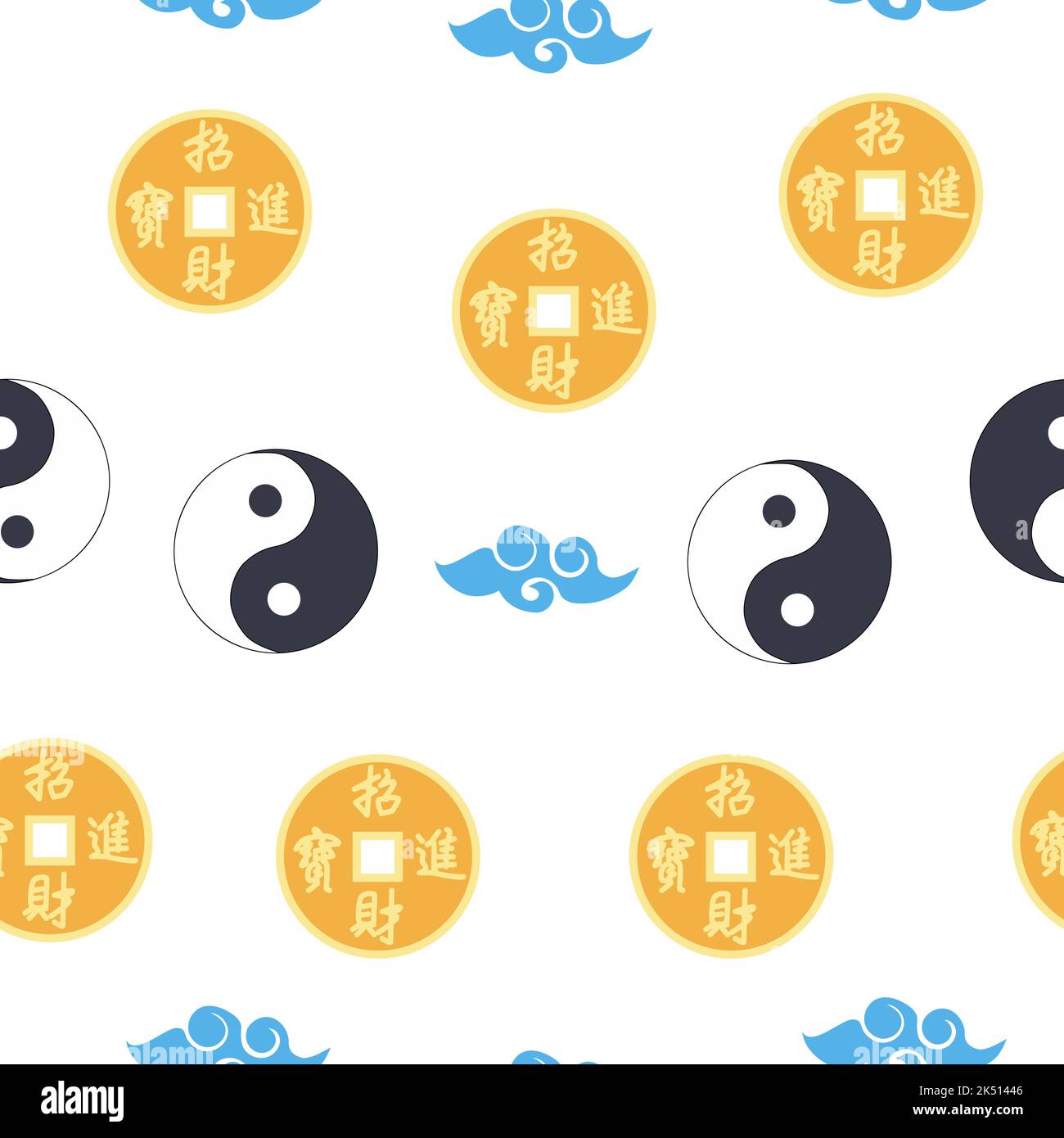 Chinese seamless pattern with feng shui chinese coin with hole, yin ...