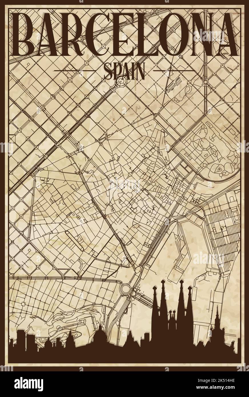Hand-drawn downtown streets network printout map of BARCELONA, SPAIN ...