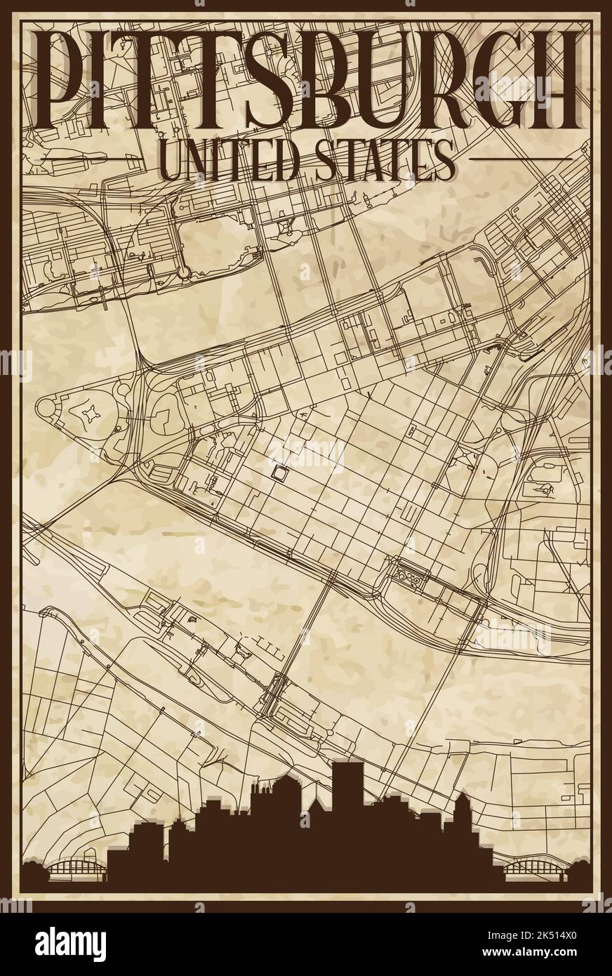 Hand-drawn downtown streets network printout map of PITTSBURGH, UNITED ...