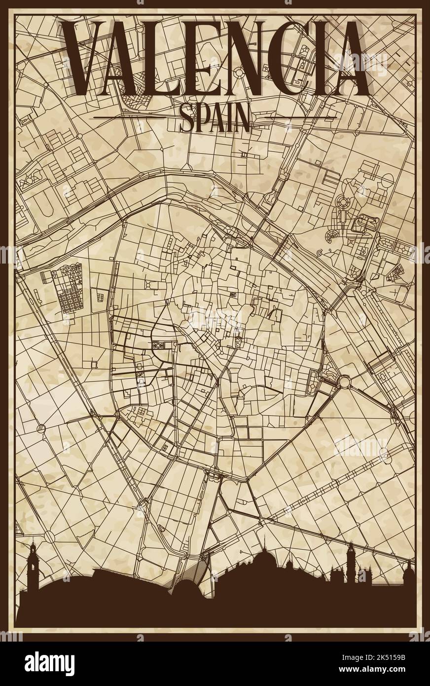 Hand-drawn downtown streets network printout map of VALENCIA, SPAIN ...
