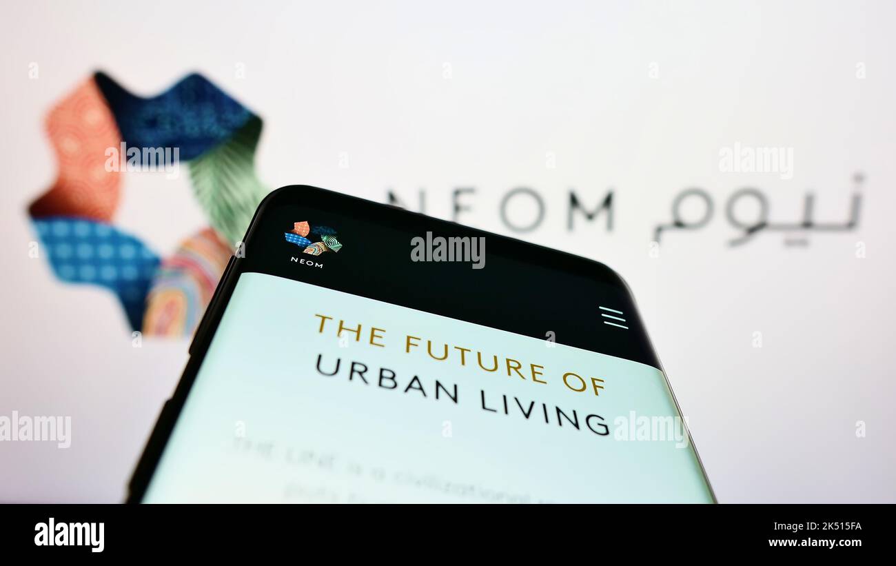 Mobile phone with website of Saudi Arabian property developer NEOM ...