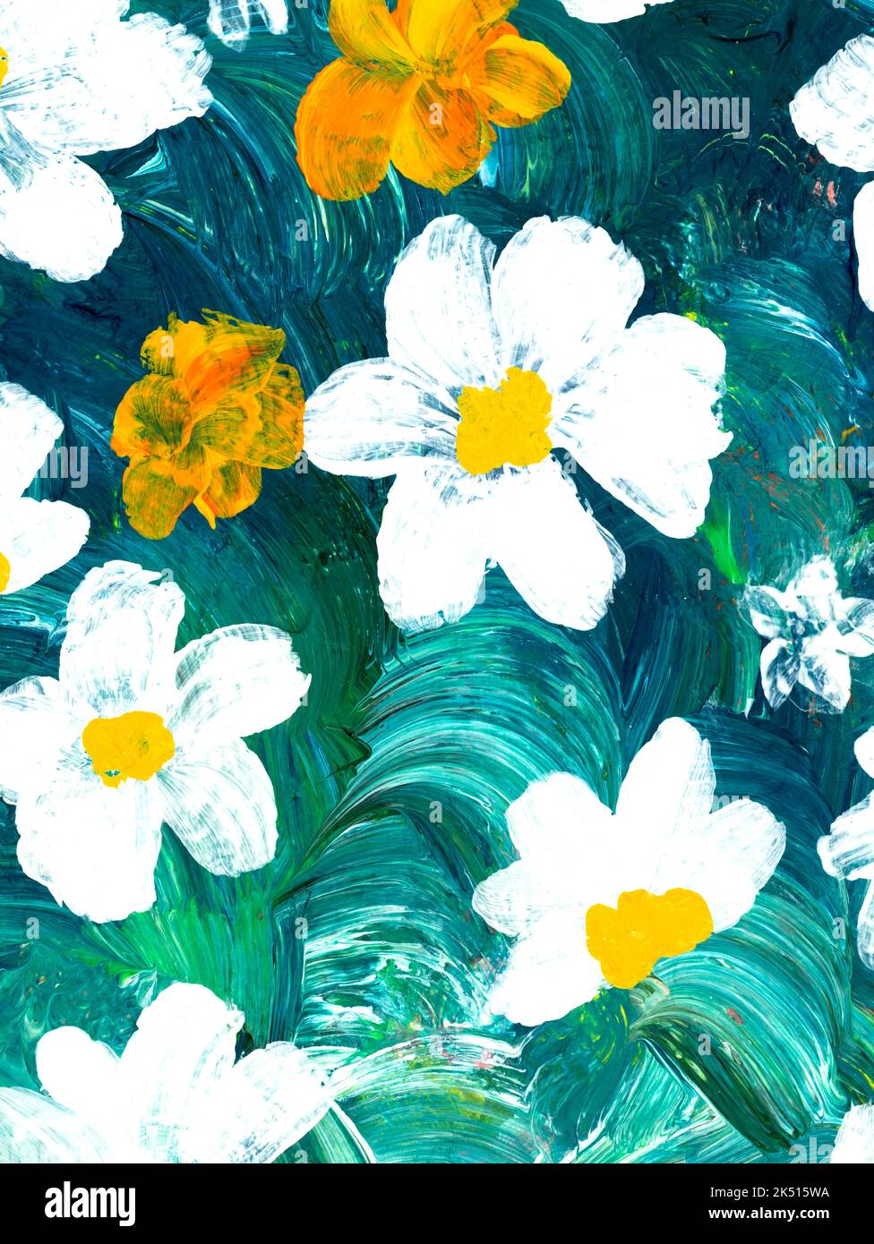 Abstract white flowers, original hand drawn, impressionism style, color ...
