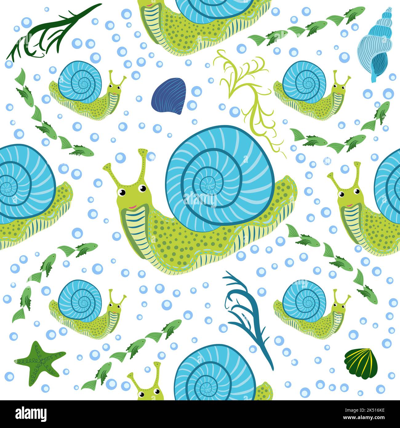 Snail, sea inhabitants seamless pattern, beautiful character among ...