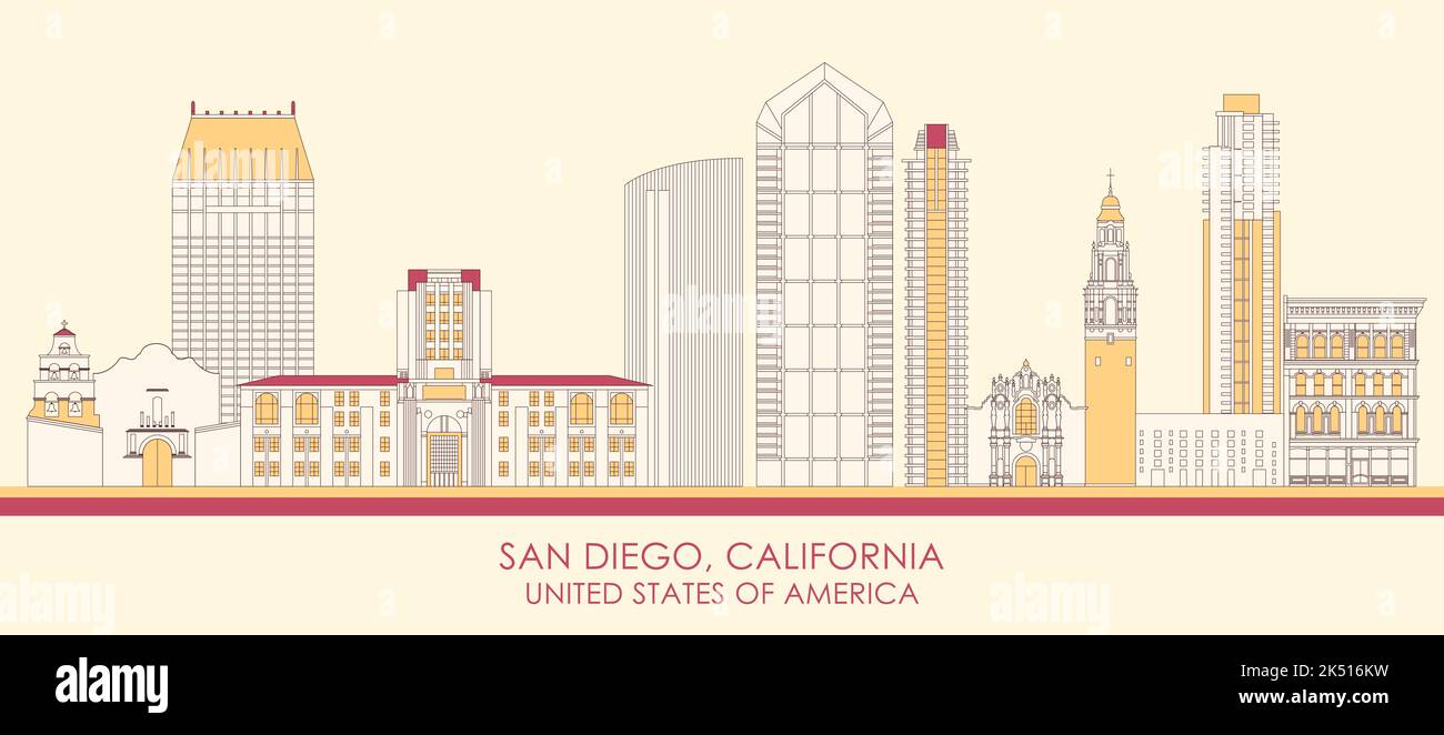 Cartoon Skyline panorama of San Diego, California, United States ...